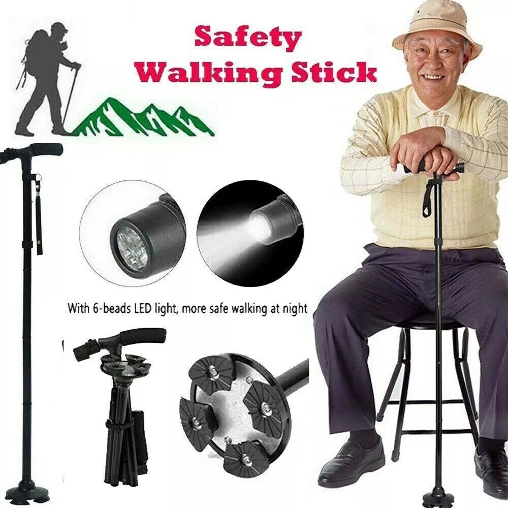 LED Walking Stick Cane Safety All Terrain Pivoting Base Folding Travel