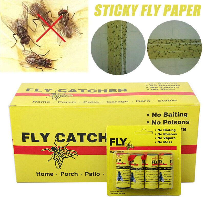 4Pcs Rolls Insect Bug Fly Paper Catcher Trap Ribbon Strip Sticky Tape
