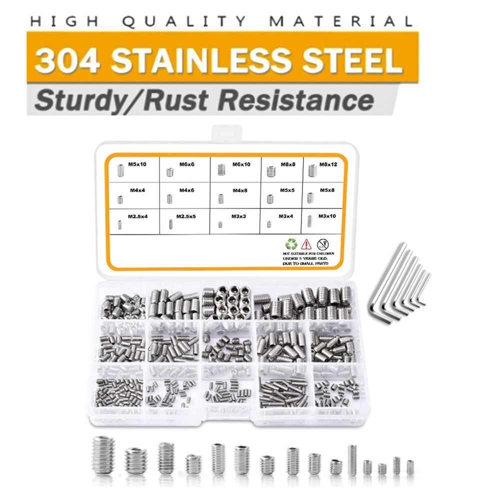 300pcs 304 Stainless Steel Assortment Kit Hexagon Socket Screw Grub Bo