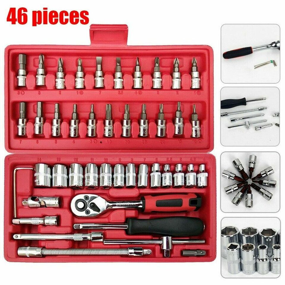 46Pcs Spanner Socket Screwdriver 1/4'' Car Repair Tool Set Ratchet Wre