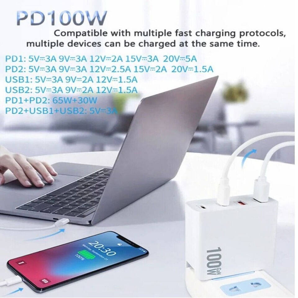 100W GaN Fast USB-C Power Adapter Wall Charger For iPhone iPad Macbook