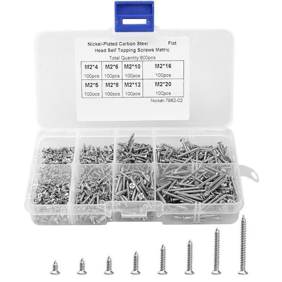 800pcs M2 Flat Head Phillips Assorted Self Tapping Screws Stainless St