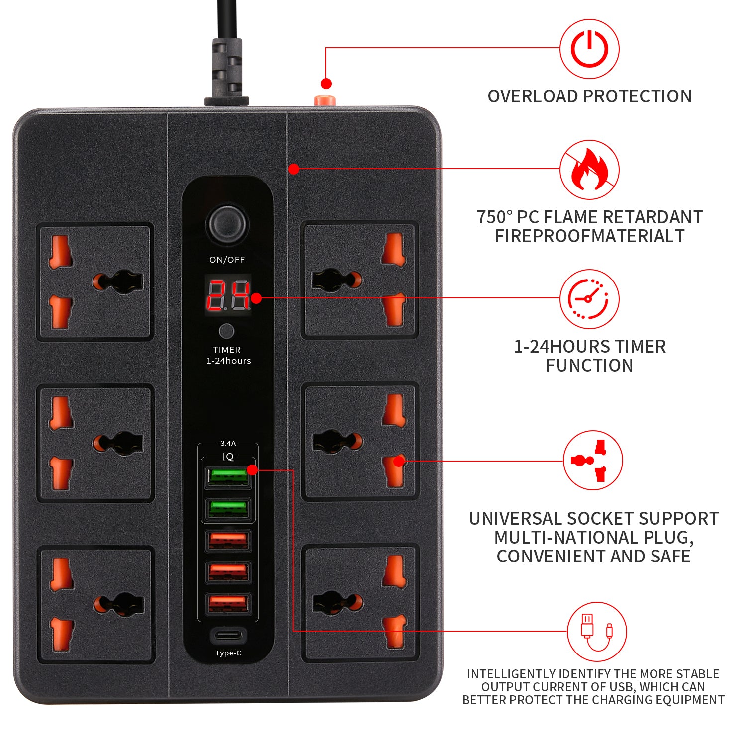 OEM Intelligent 6 Way USB A/USB Type C Charging Ports Power Board Surg