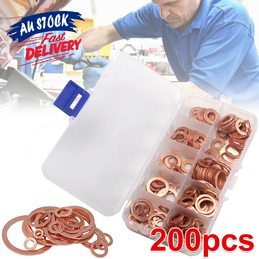 200pc Kit Assorted Solid Copper Crush Washers Seal Flat Ring Gasket Se