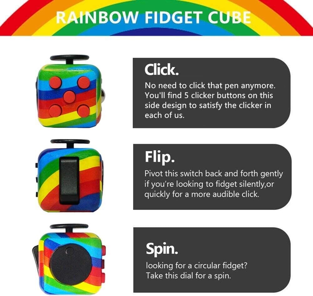 Rainbow Fidget Cube with 6 Sides Stress Relief Fiddle Toys Autism Sens