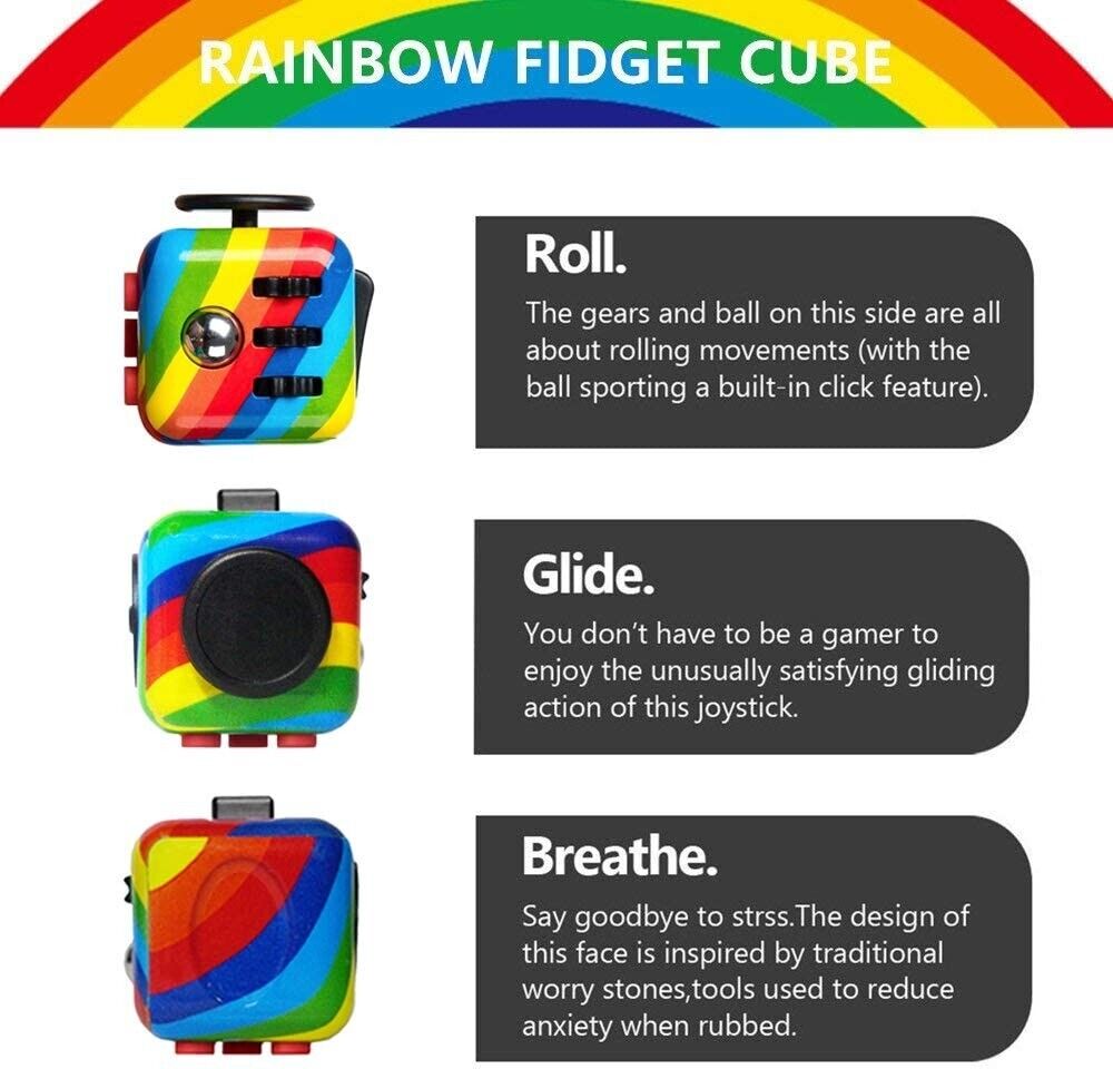 Rainbow Fidget Cube with 6 Sides Stress Relief Fiddle Toys Autism Sens