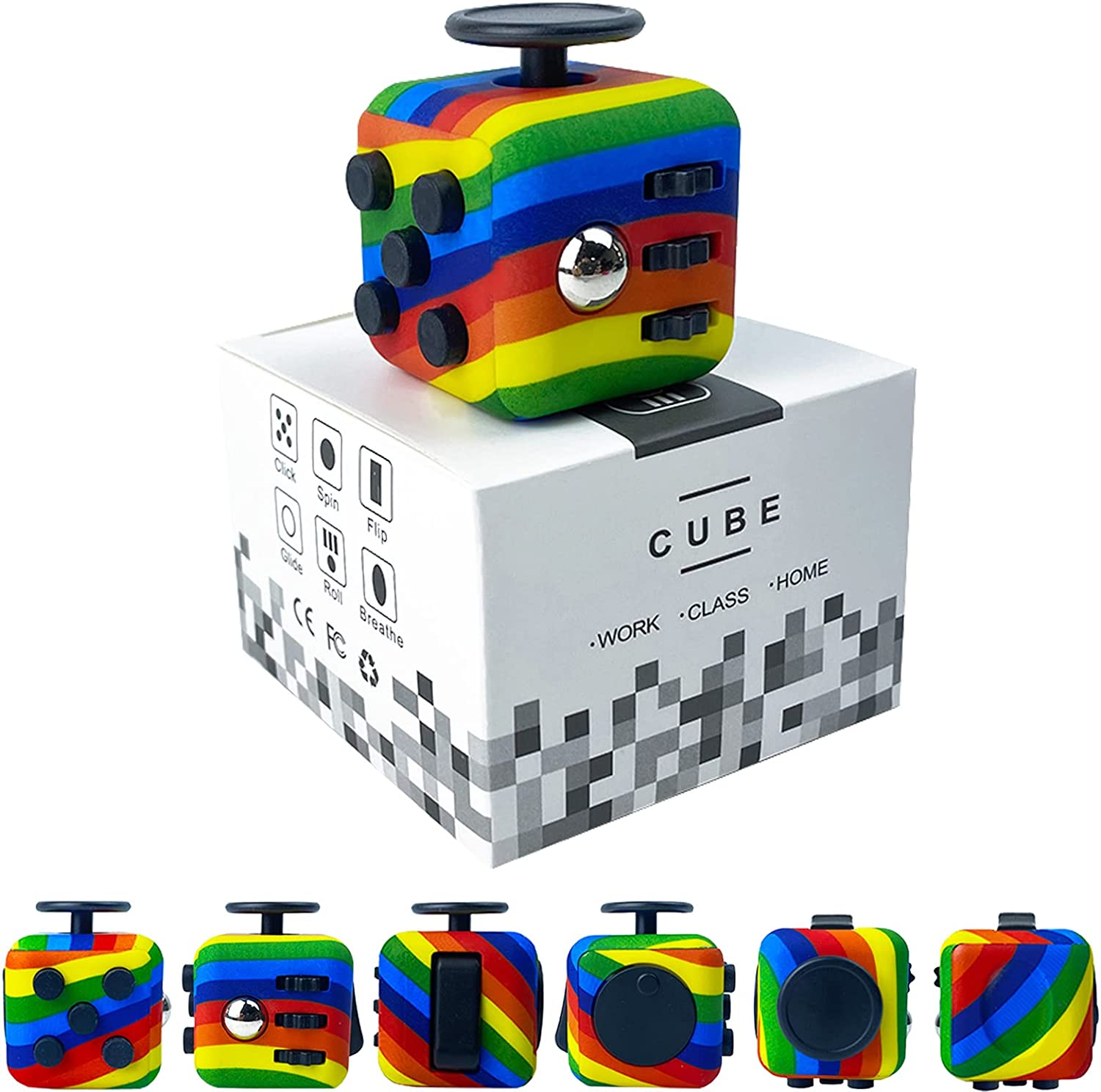 Rainbow Fidget Cube with 6 Sides Stress Relief Fiddle Toys Autism Sens